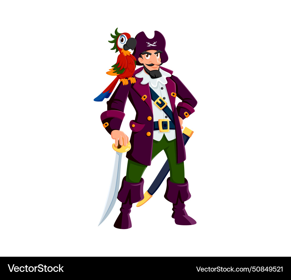Cartoon pirate captain character with a parrot Vector Image