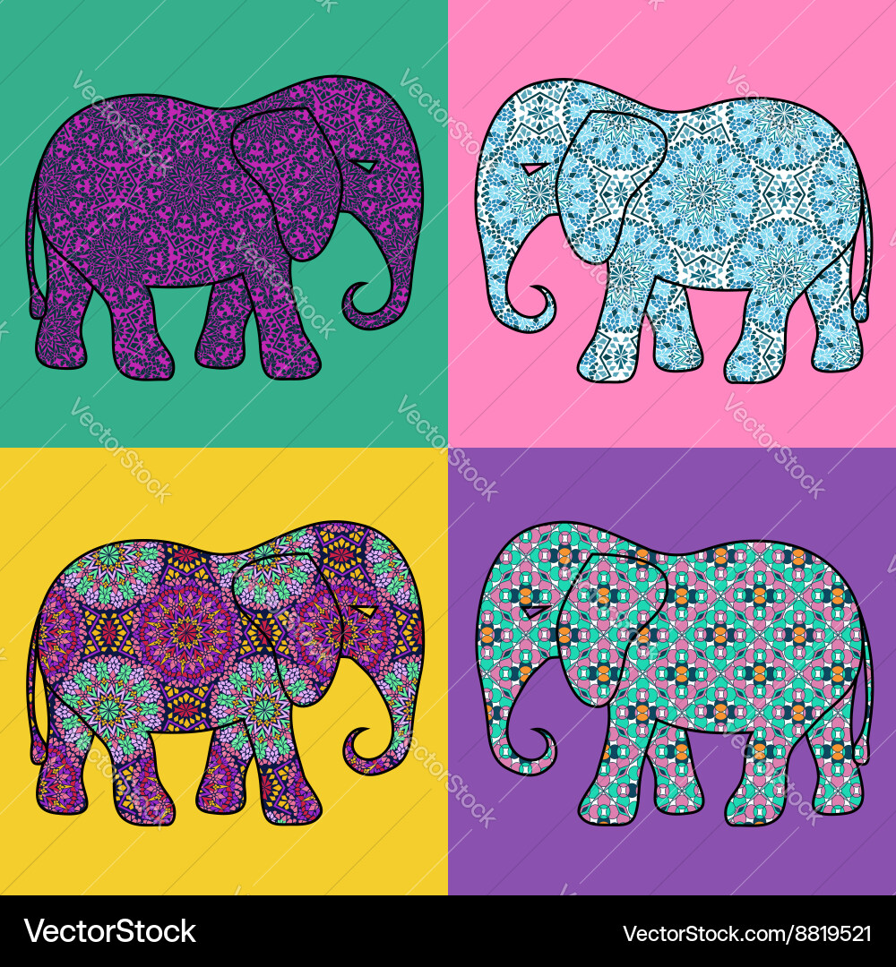 Four isolated patterned elephant Royalty Free Vector Image