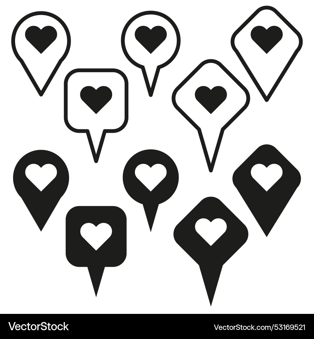 Heart location icons black set love map markers Vector Image