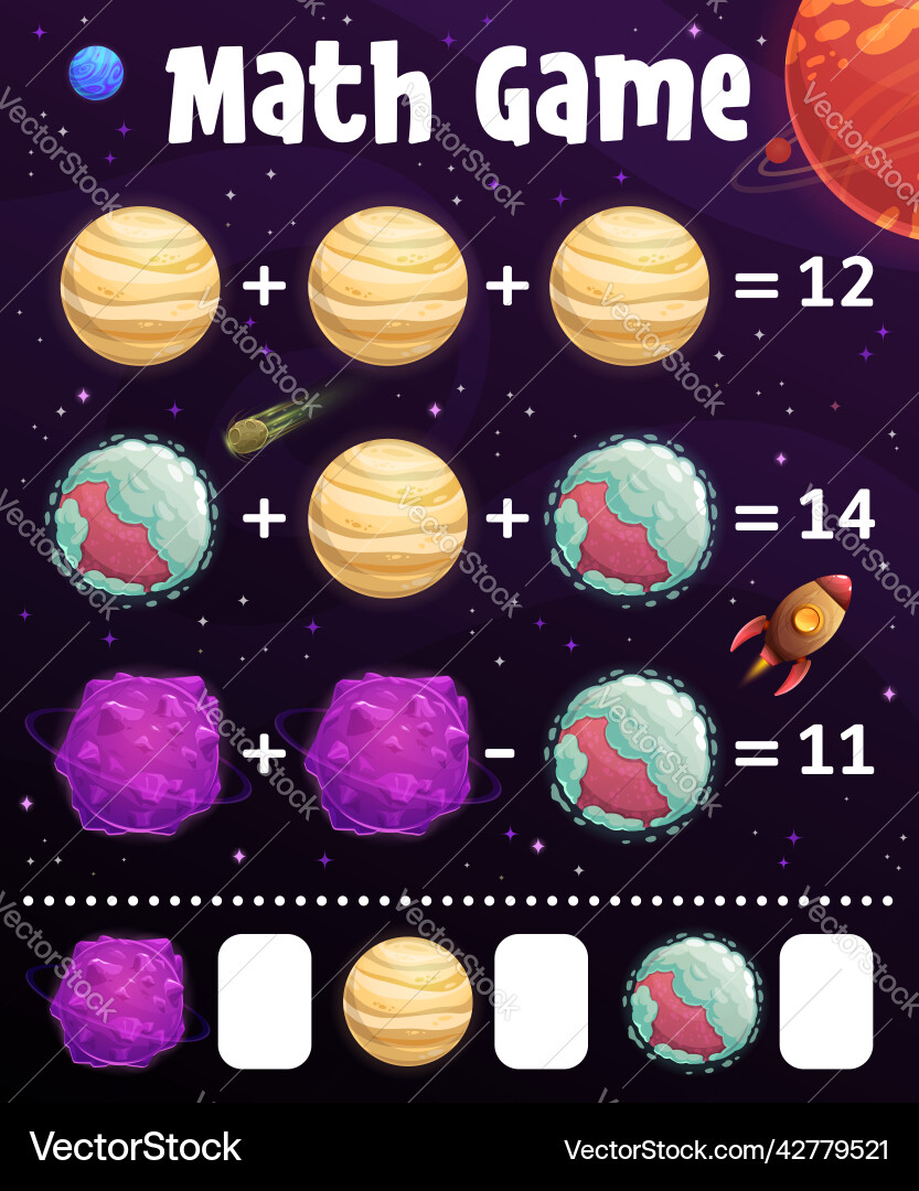Math game worksheet cartoon space planets stars Vector Image