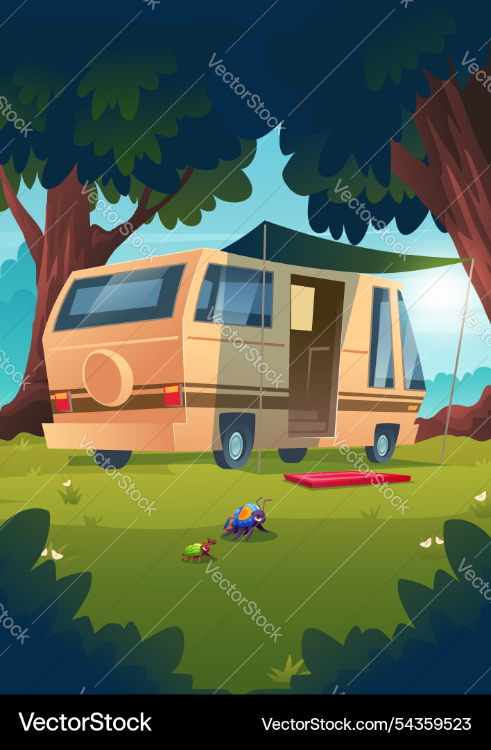 Camper van parked on grass in forest Royalty Free Vector