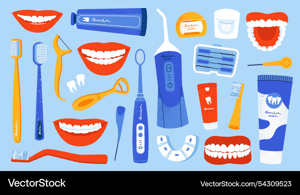 Oral hygiene cleaning tools cartoon teeth brush Vector Image