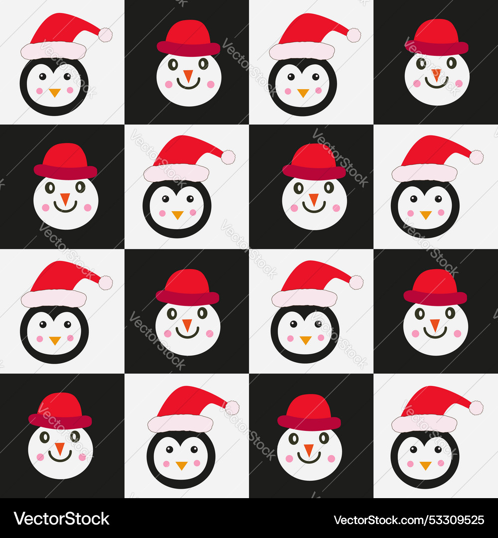Checkered snowman and penguin seamless pattern Vector Image