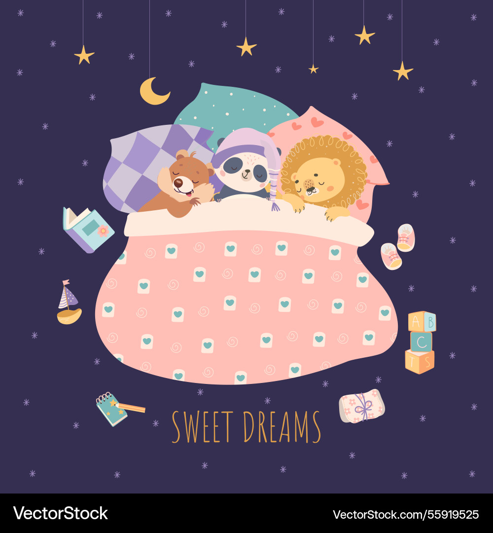 Friends sleep in bed cute animals sleeping Vector Image