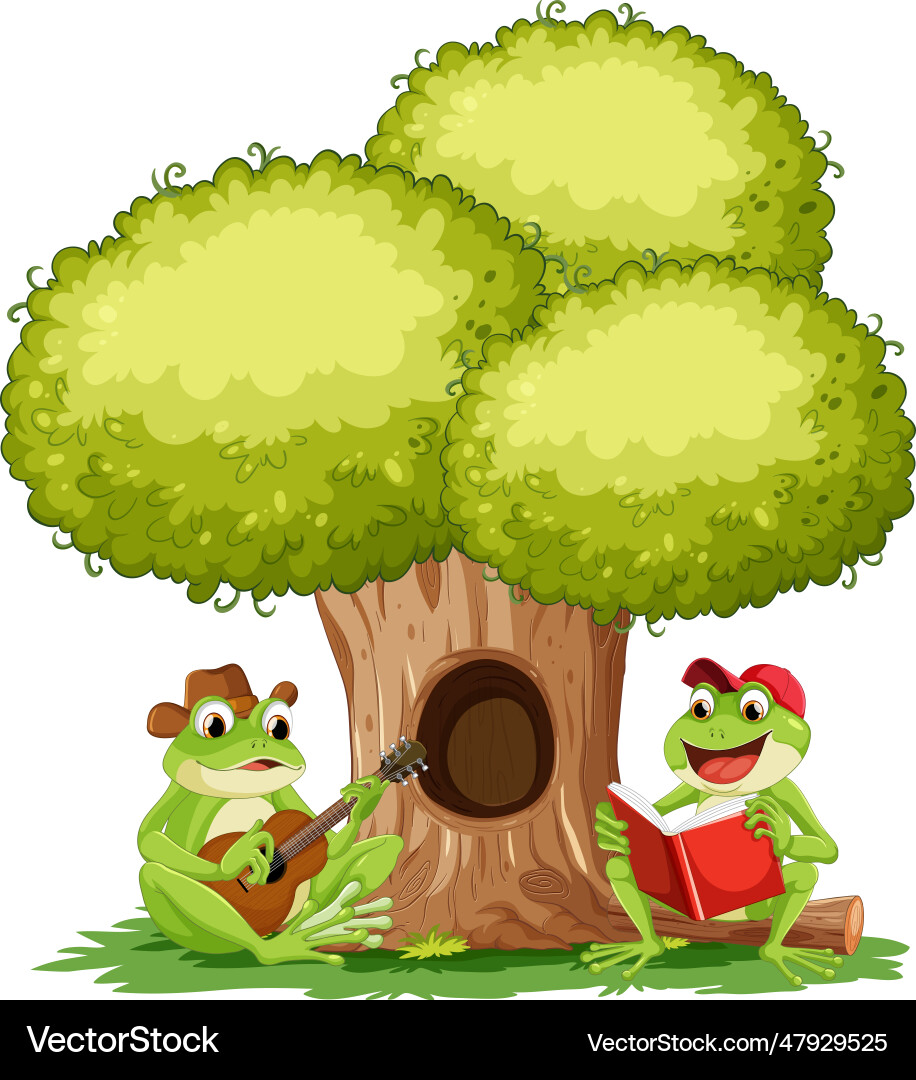 Frogs sitting under tree Royalty Free Vector Image