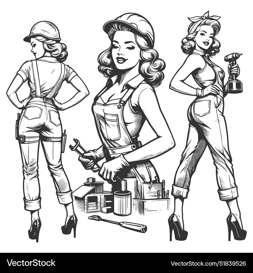Vintage pin-up construction worker Royalty Free Vector Image