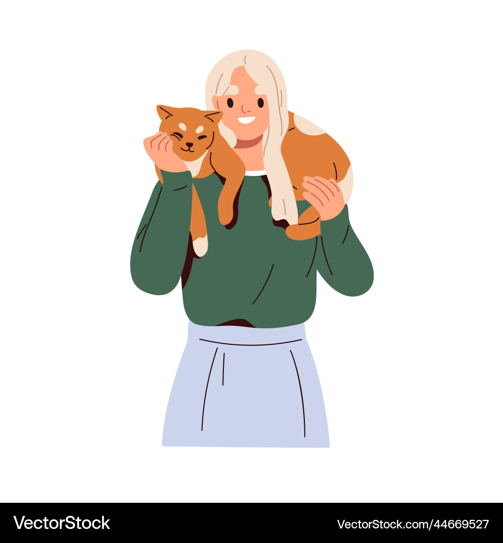 Cute cat lying on owners shoulders around neck Vector Image