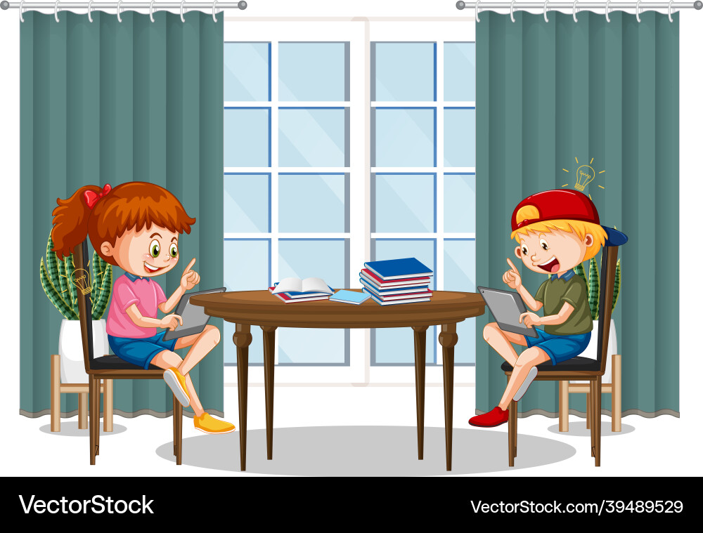 Children learning from home on electronic device Vector Image