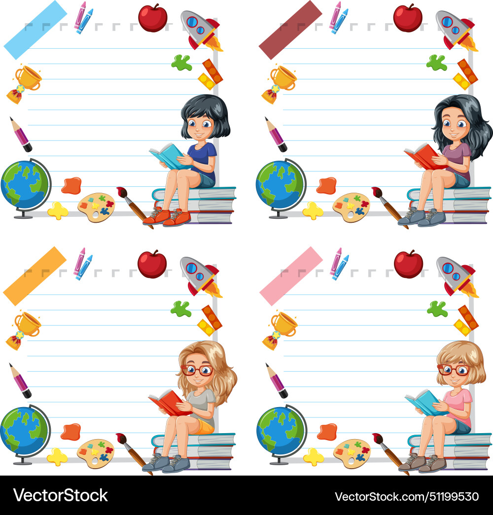 Four kids enjoying reading with educational icons Vector Image