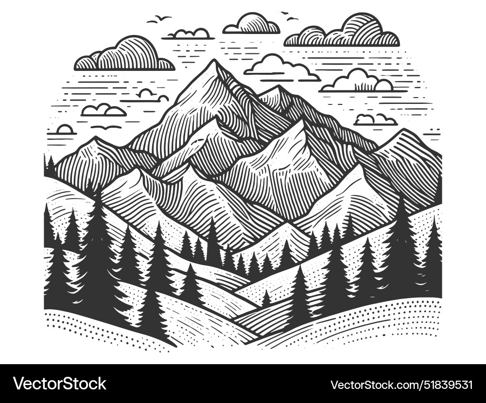 Mountain landscape with forest engraving Vector Image
