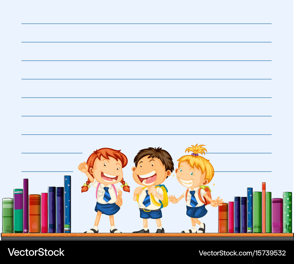 Line paper template with kids and books Royalty Free Vector