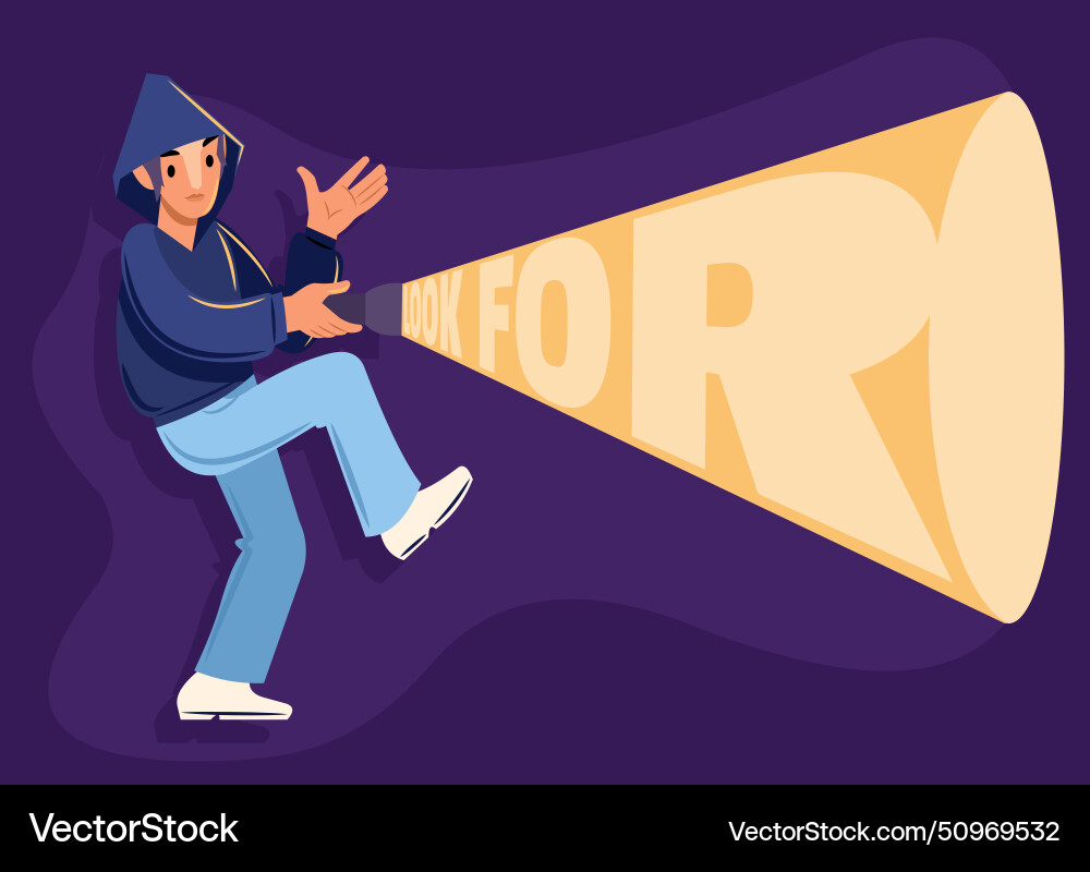 Man shines flashlight to look way in dark Vector Image