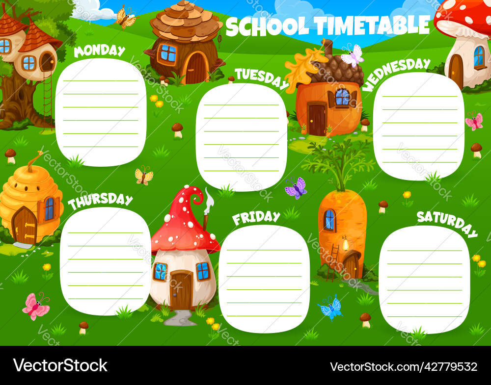 School timetable schedule cartoon elf village Vector Image