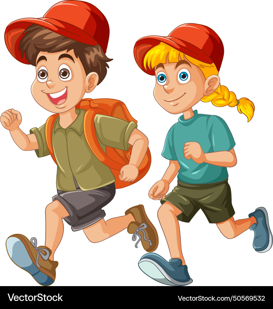 Two cartoon kids running with happy expressions Vector Image