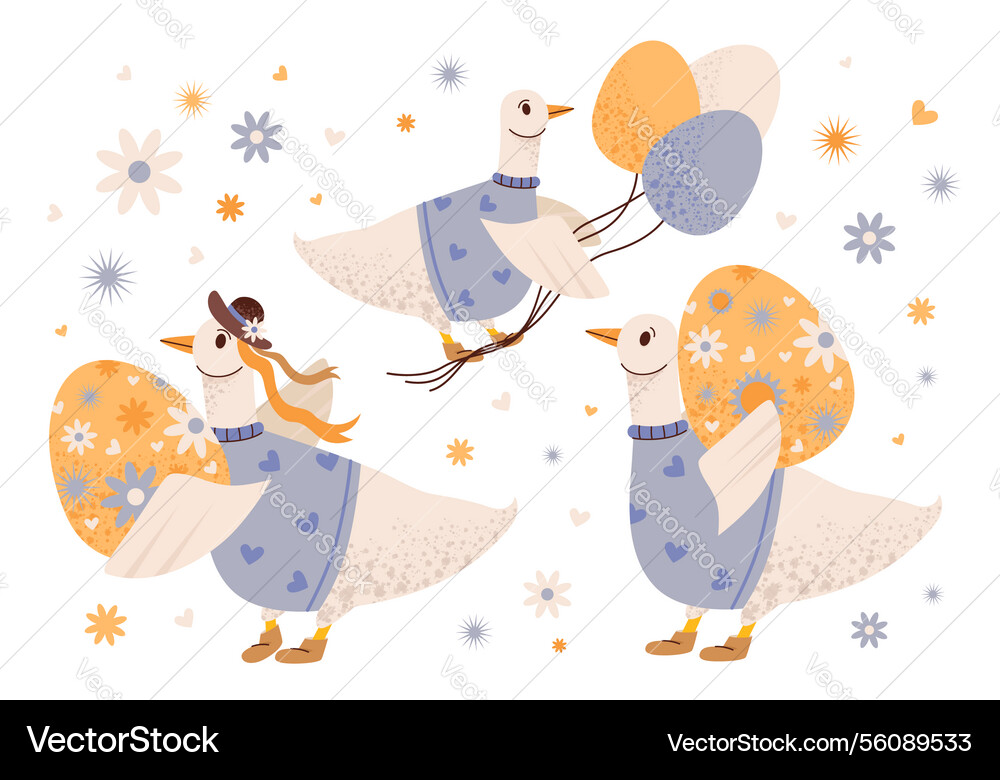 Easter geese eggs and festive spring flowers Vector Image