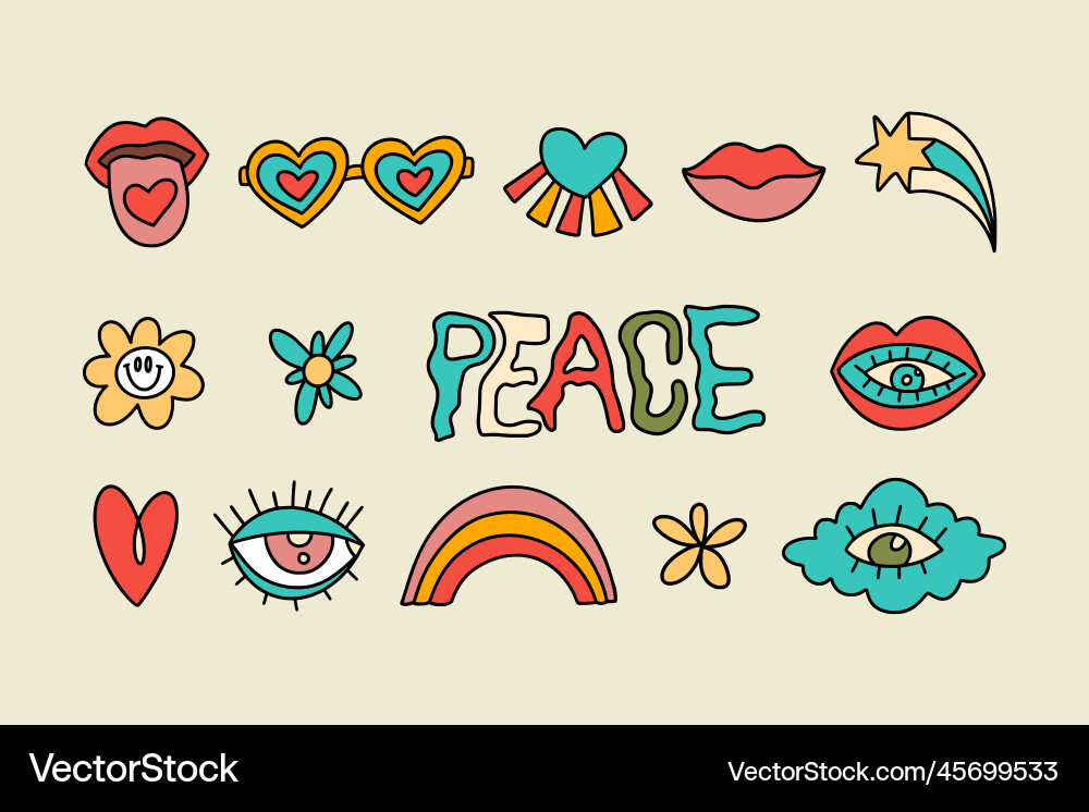 Peace groovy positive element set with heart Vector Image