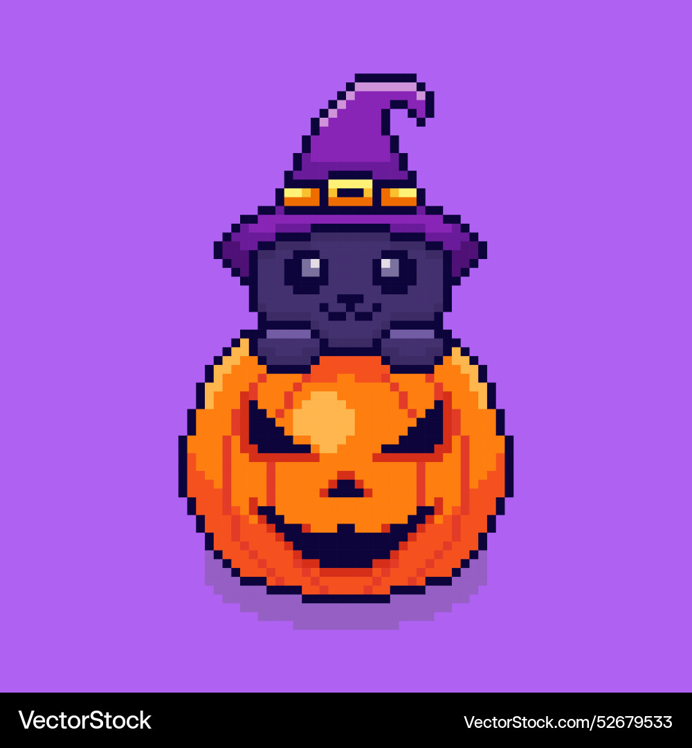 Pixel art cat with pumpkin halloween theme game Vector Image