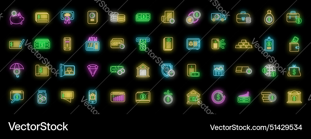 Bank reserves icons set neon Royalty Free Vector Image