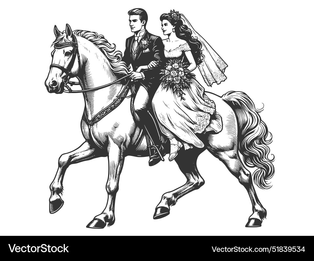Bride and groom on horseback Royalty Free Vector Image