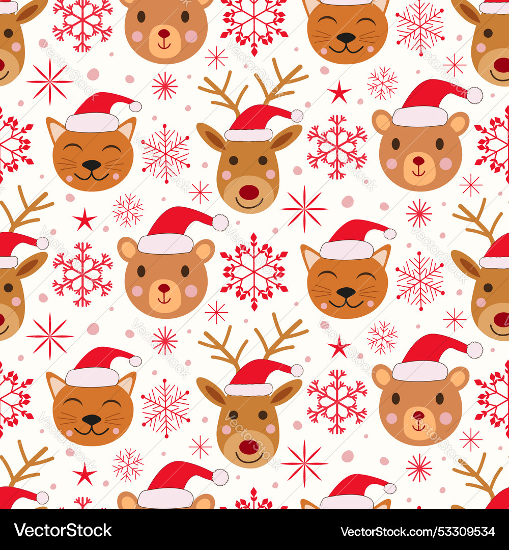 Christmas animals with santa hats seamless pattern