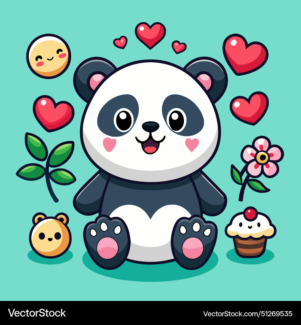 A cartoon panda bear is sitting on green Vector Image