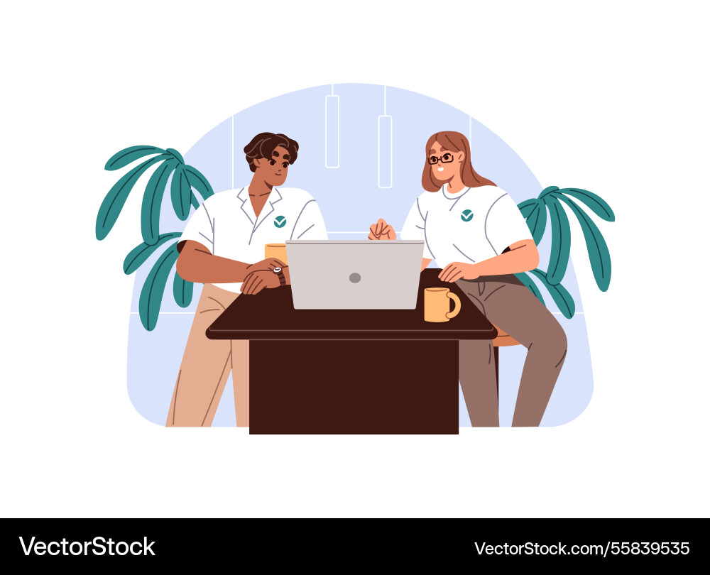 Colleagues drink beverages talk informally Vector Image