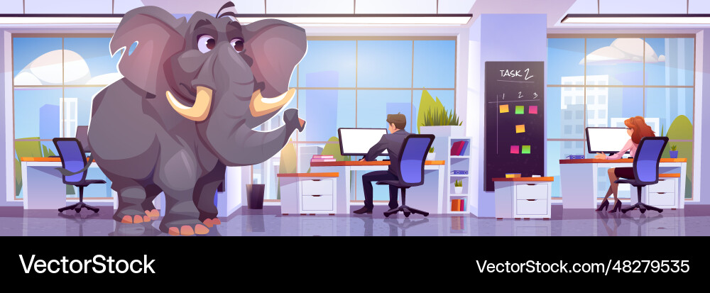 Elephant near worker desk in office room Vector Image