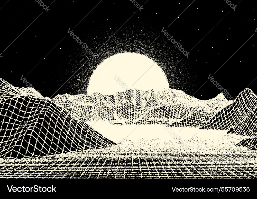 Retro dotwork landscape with 80s styled sun grid Vector Image