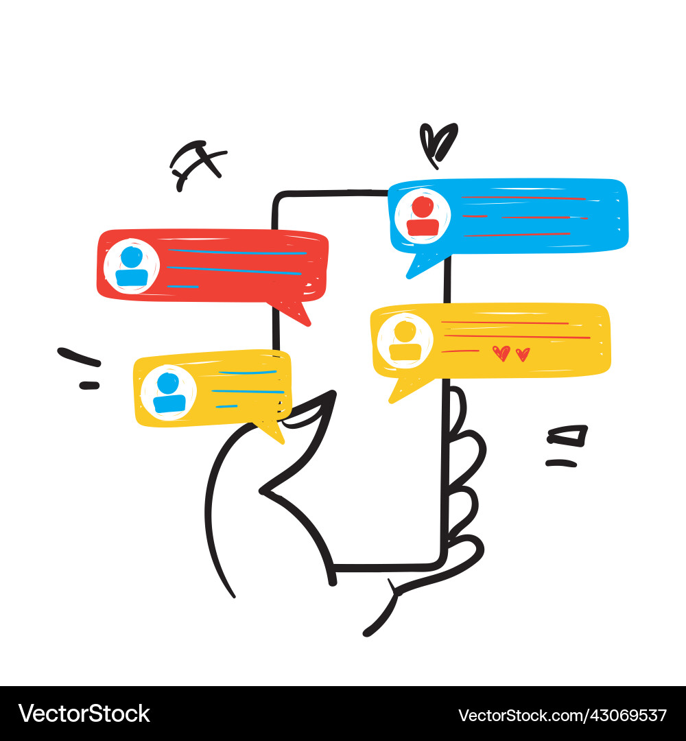 Hand drawn doodle holding phone sending Royalty Free Vector