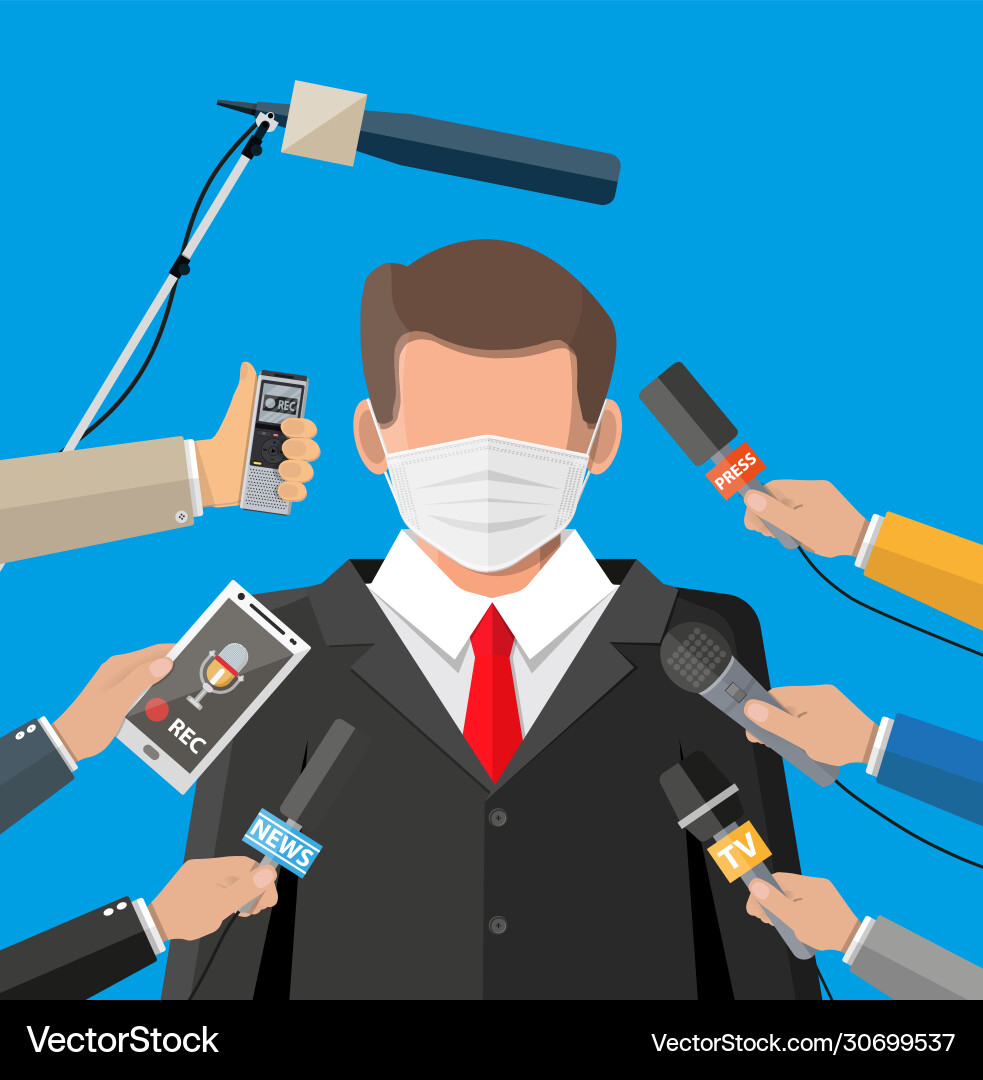 Man with face mask giving speech at conference Vector Image