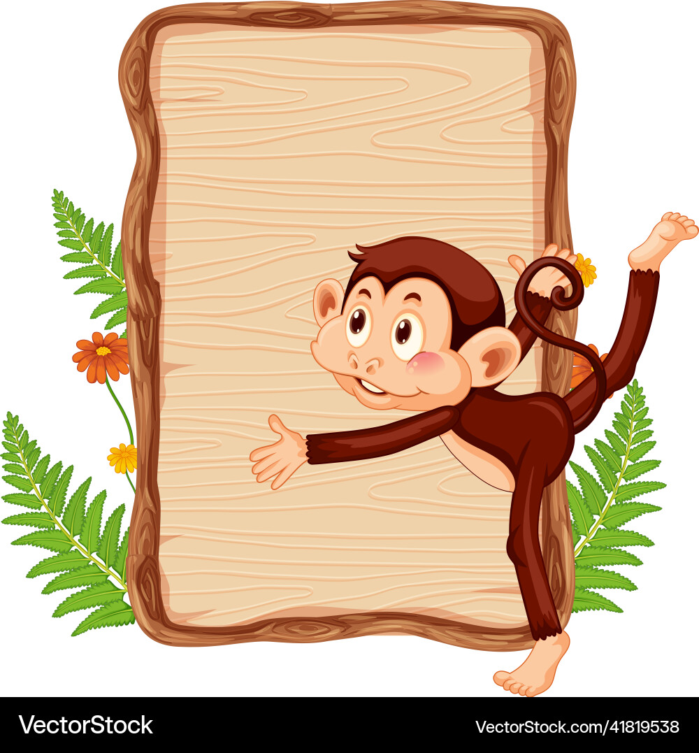 Blank wooden signboard with cute monkey Royalty Free Vector