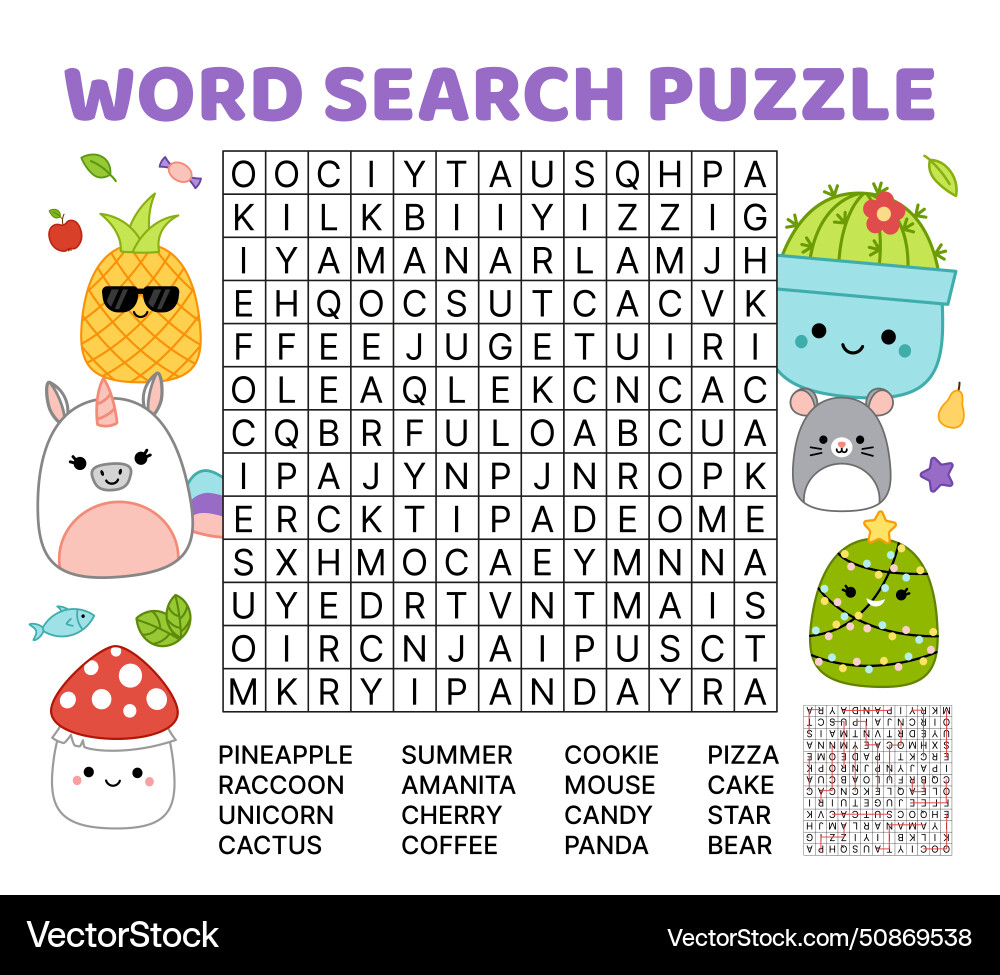 Funny squishmallow word search game puzzle Vector Image