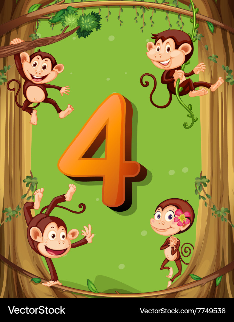 Number four with 4 monkeys on the tree Royalty Free Vector