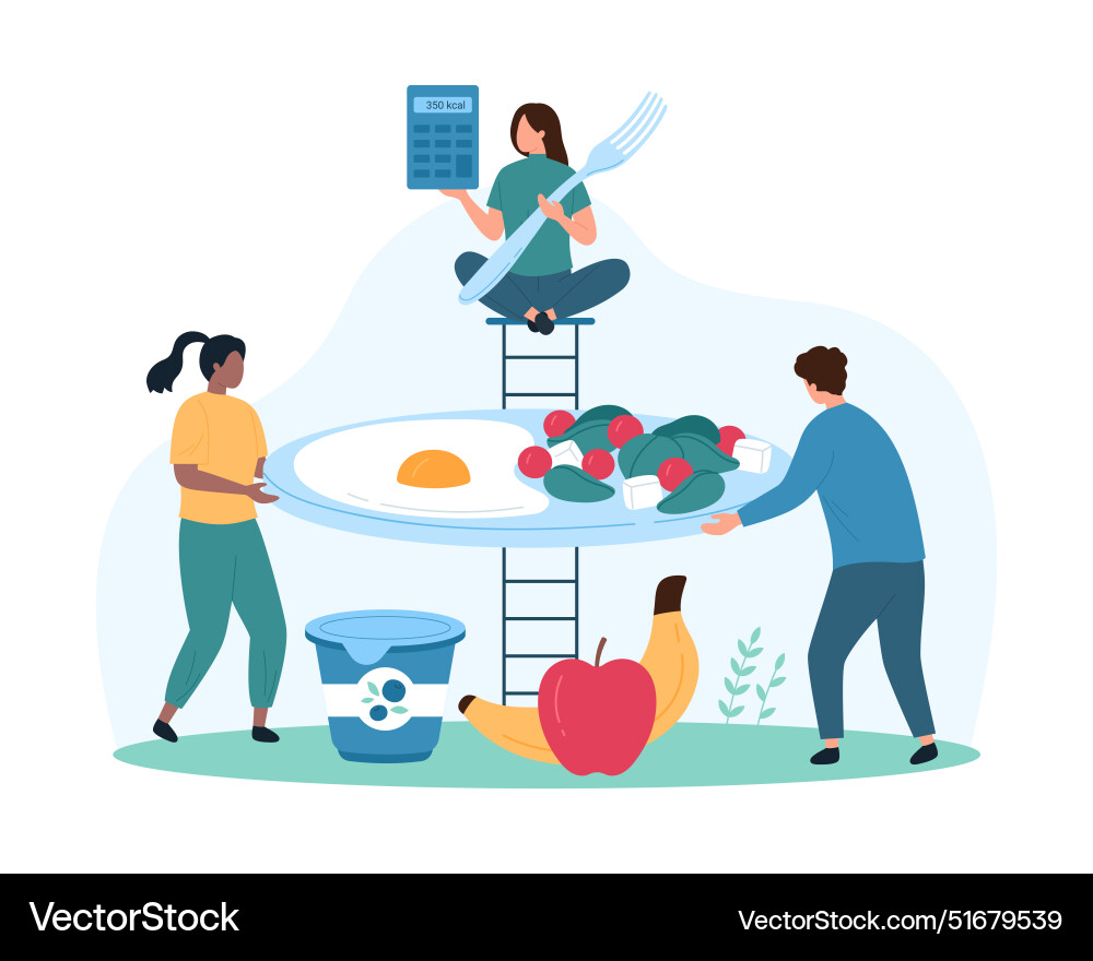 Counting calories in breakfast food tiny people Vector Image