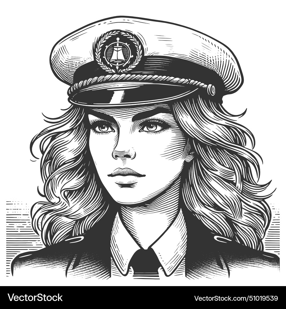 Female captain portrait engraving Royalty Free Vector Image