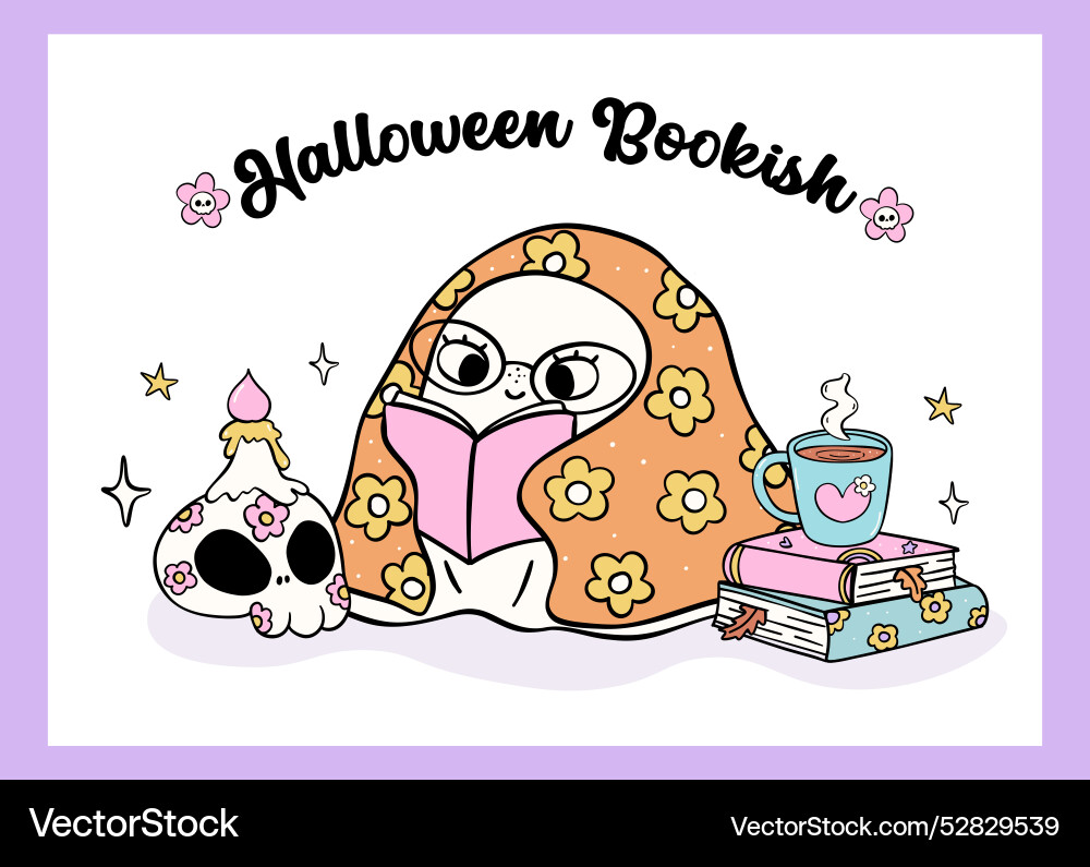 Groovy bookish ghost reading book under blanket Vector Image