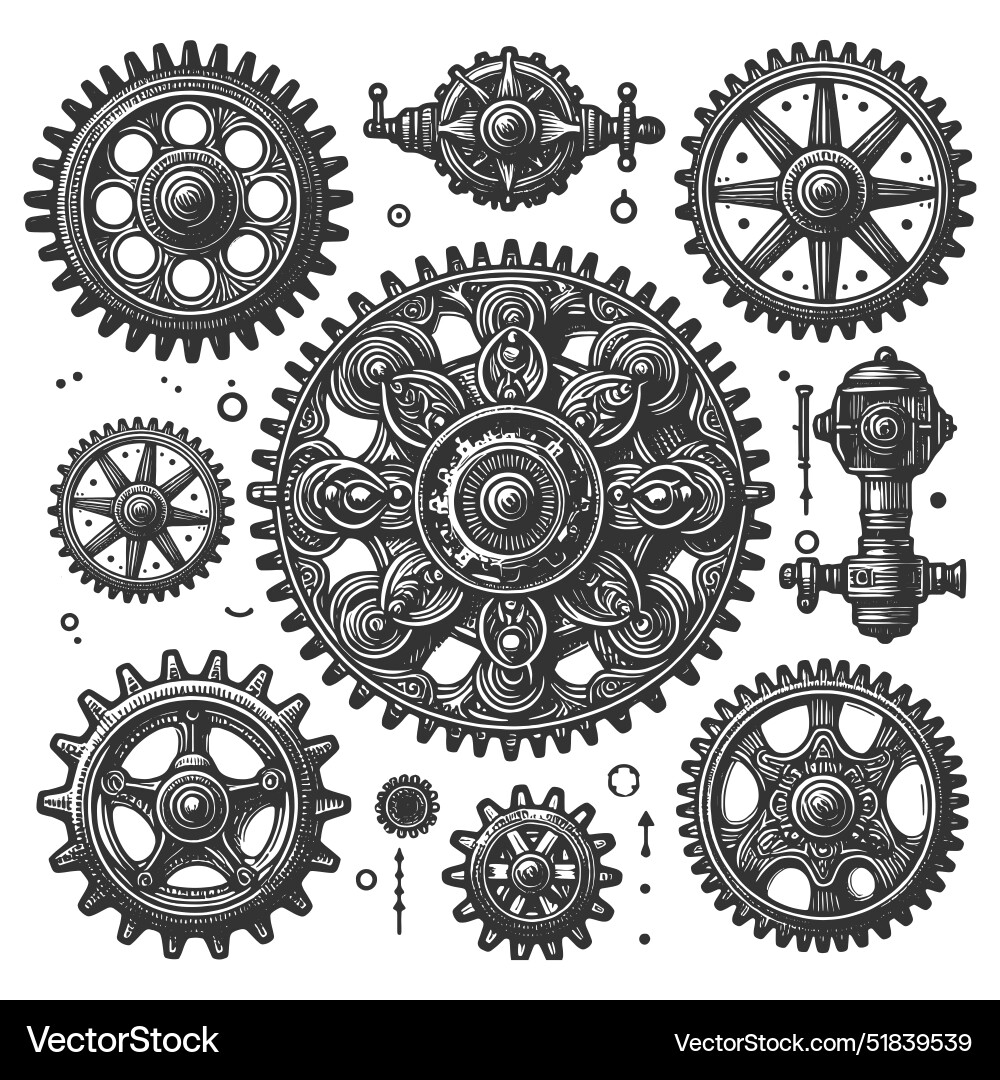 Steampunk gears and machinery engraving Royalty Free Vector