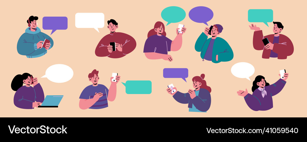 Young people with smartphones and speech bubbles Vector Image