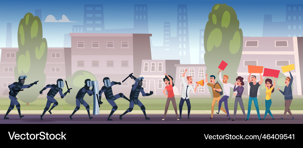 Aggressive demonstration police squad in uniform Vector Image