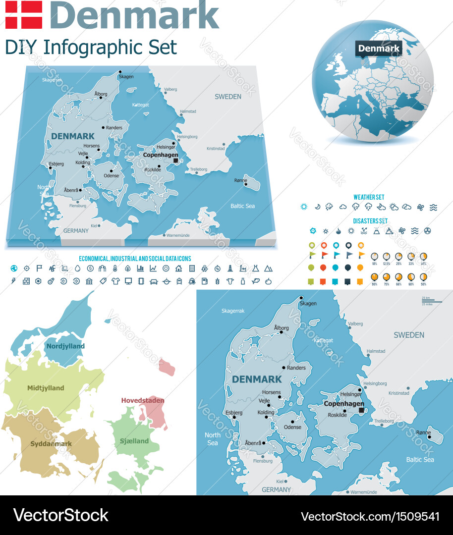Denmark Political Map with Markers Royalty Free Vector Image