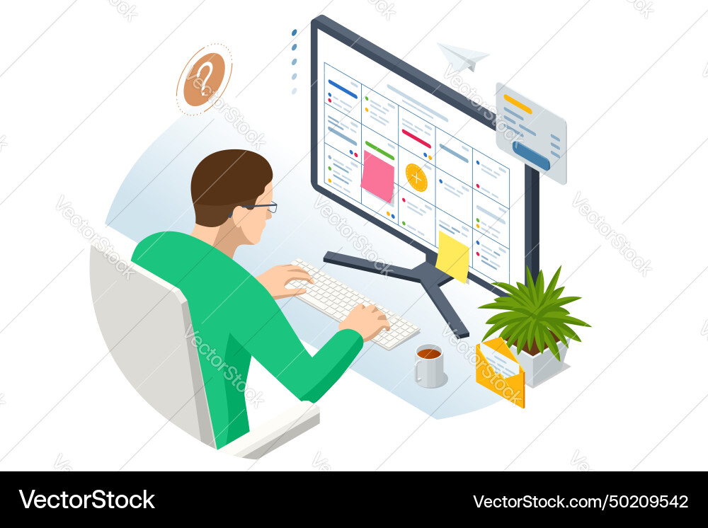 Isometric project manager uses a laptop to update Vector Image