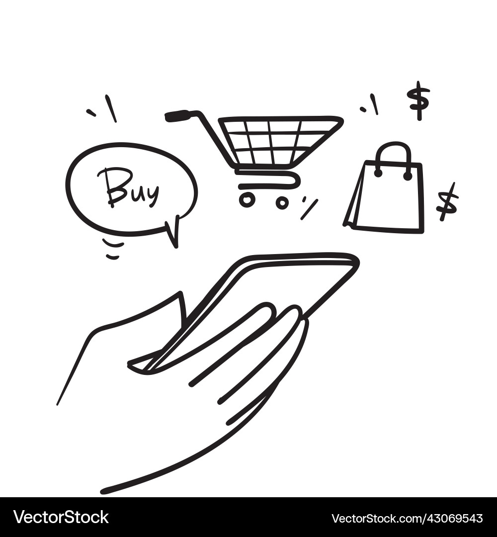 Hand drawn doodle holding phone Royalty Free Vector Image