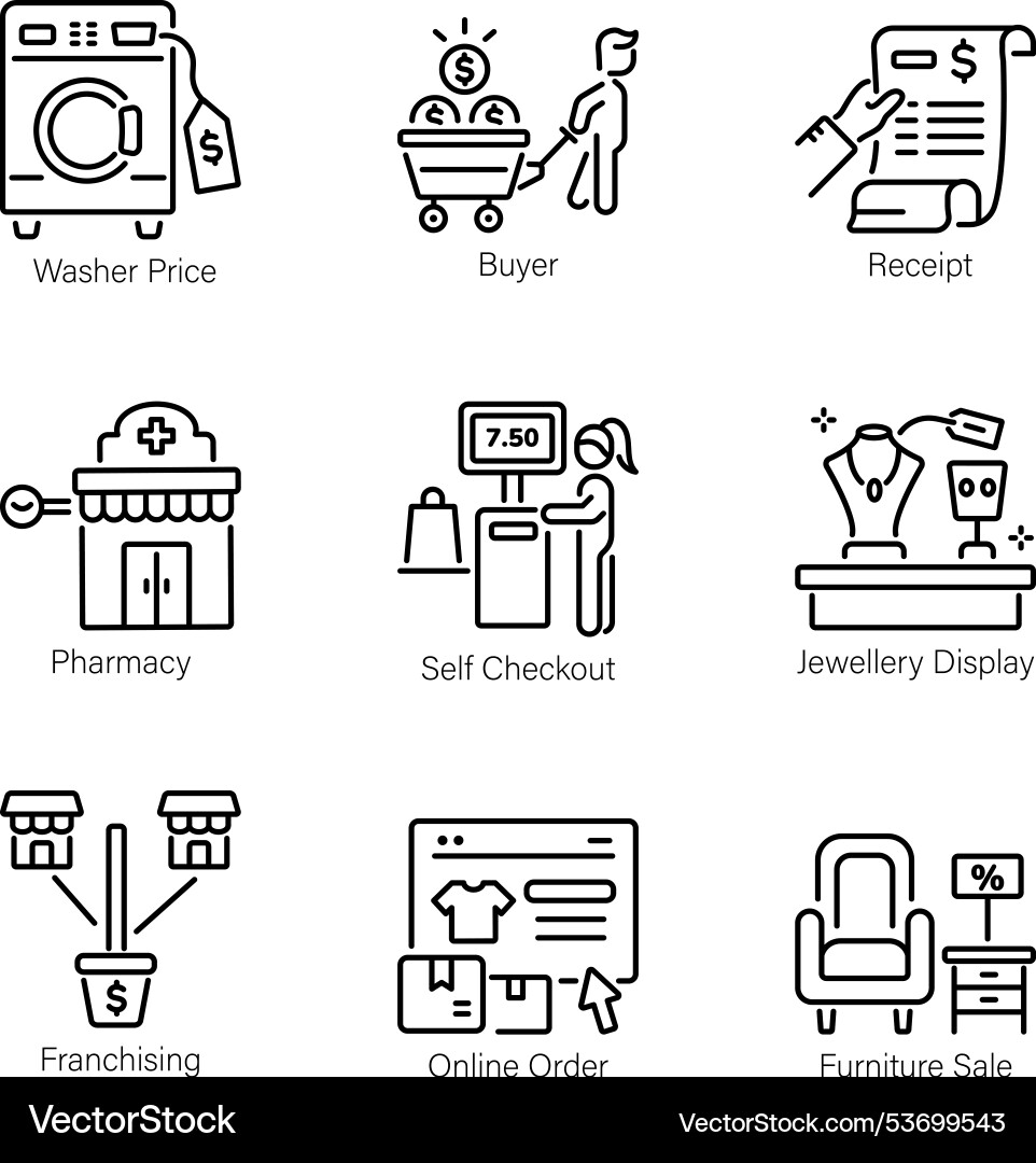 Pack marketplace linear style icons Royalty Free Vector