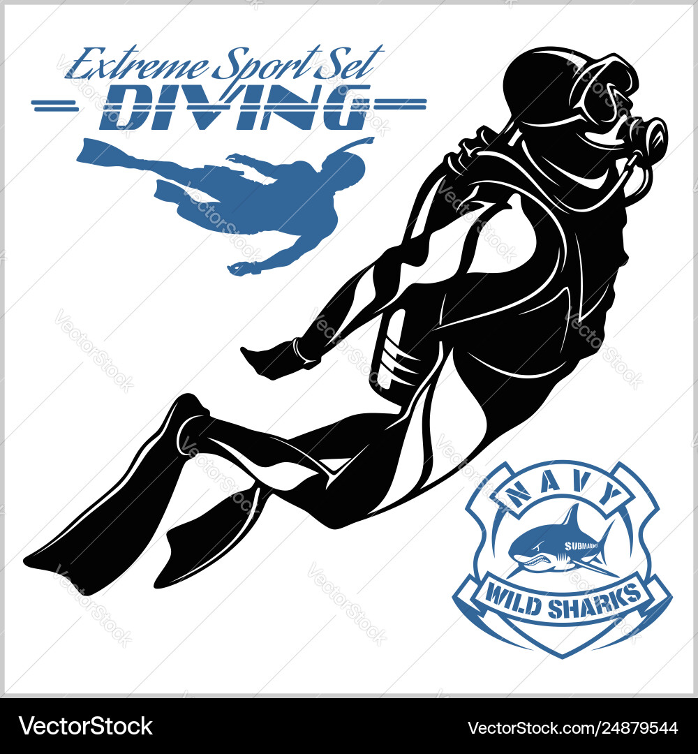 Set scuba diver silhouette and diving labels Vector Image