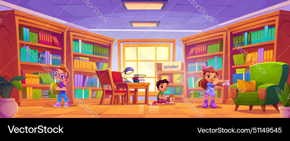 Kids in school public library Royalty Free Vector Image