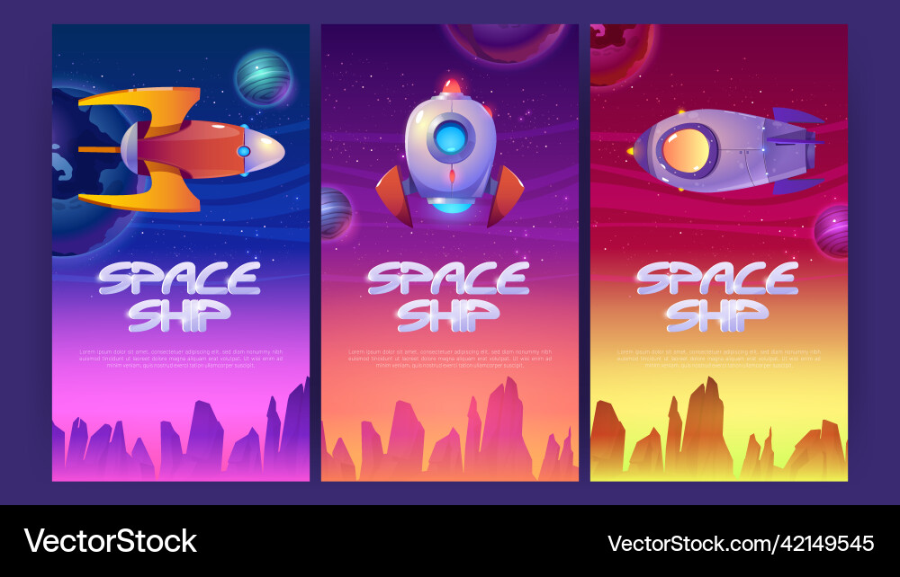Spaceship posters with rockets and alien planets Vector Image