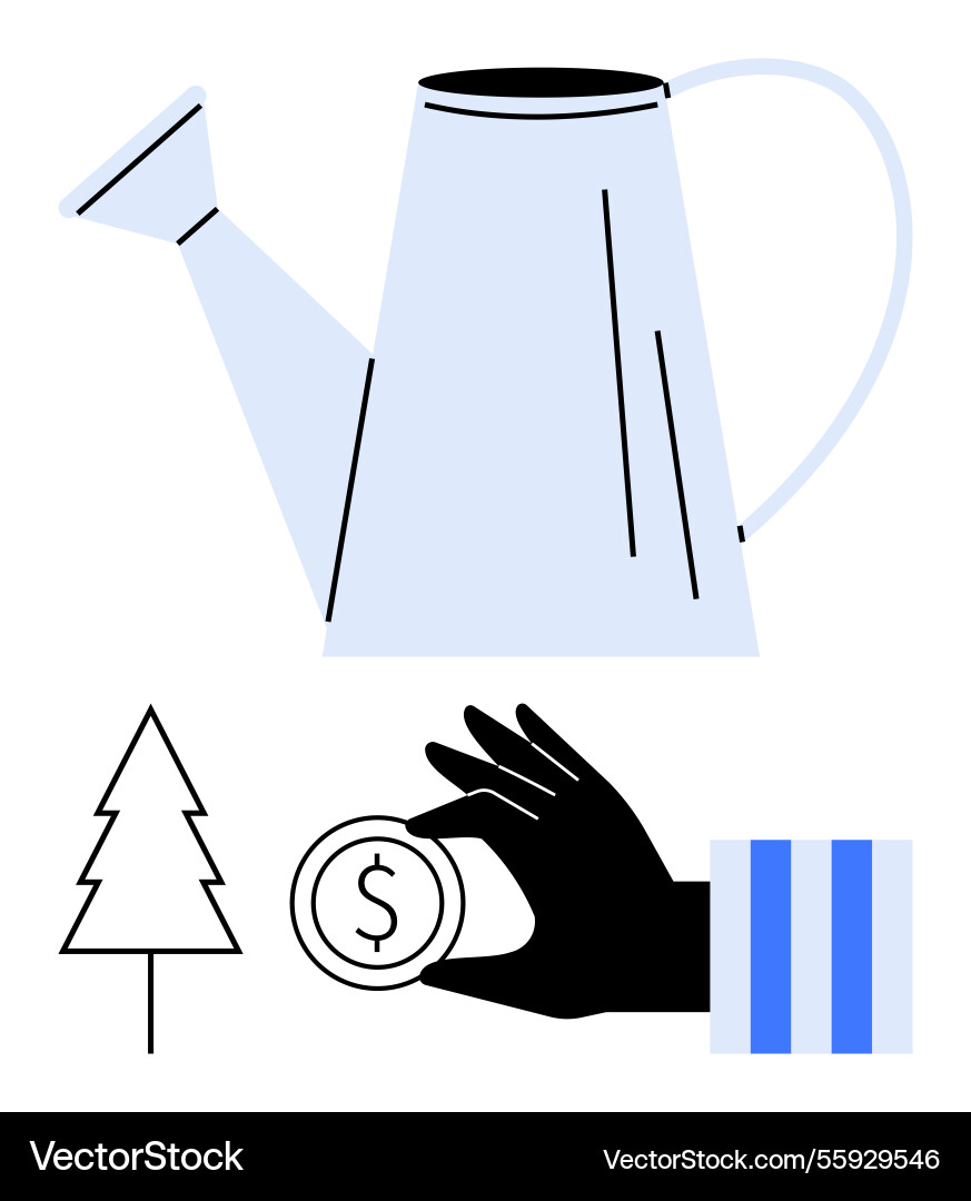 Watering can tree outline and hand holding coin Vector Image