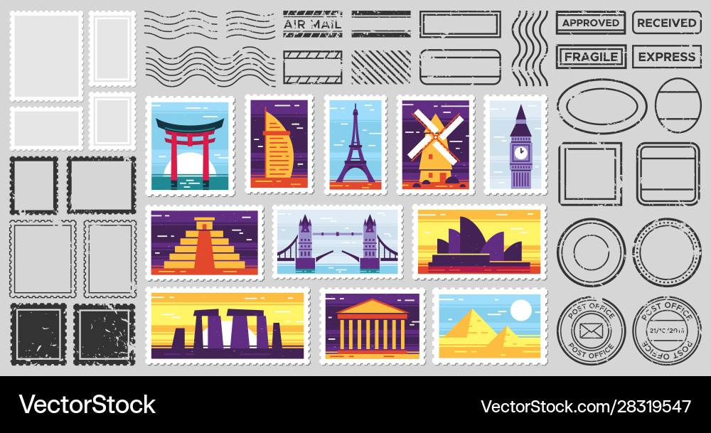 Traveler mail post stamp city attractions Vector Image