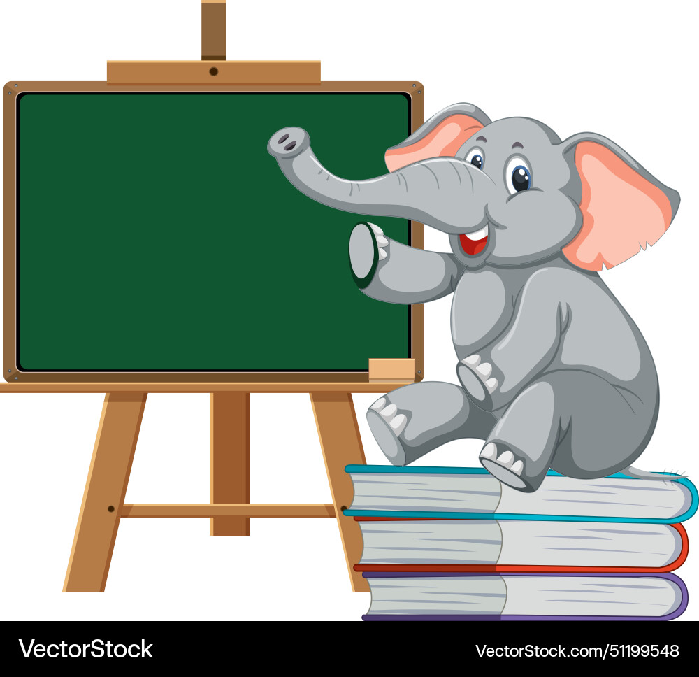 Cartoon elephant sitting on books by a blackboard Vector Image