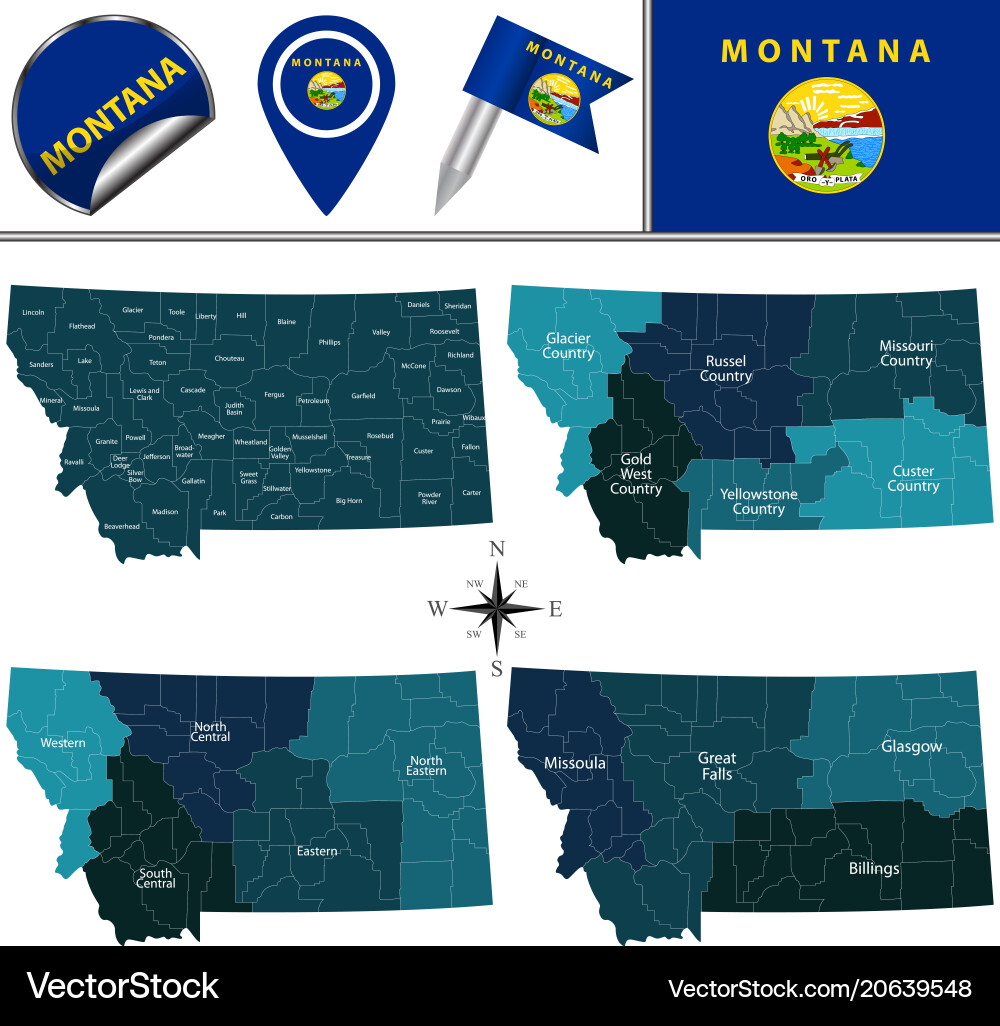 Map of montana with regions Royalty Free Vector Image
